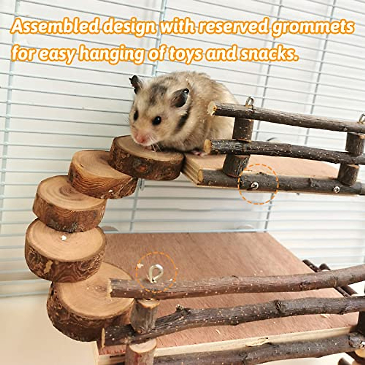 Fhiny Hamster Climbing Toys, 2 Layer Wooden Activity Platform with Bridge Hanging Playground Cage Accessories Hamster Wood Chewing Toys for Dwarf Hamsters Gerbils Small Pets