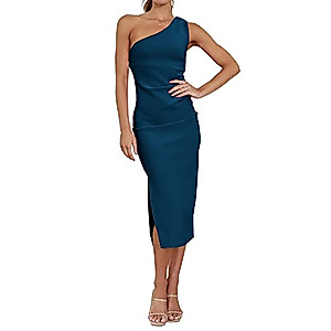 BTFBM Women One Shoulder Bodycon Dress 2023 Spring Summer Sleeveless Slit Midi Party Cocktail Wedding Guest Prom Dresses(Solid Dark Blue, Medium)