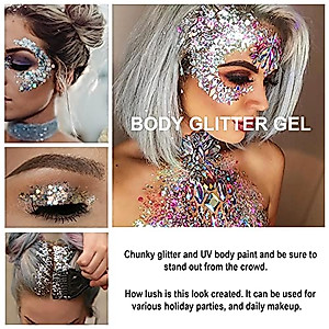 Body Glitter Gel Pack of 2 Bottle, Long Lasting Holographic Face Glitter Gel for Hair, Body, Nail, Waterproof 9 Color Liquid Glitter Body Makeup fo Women (#6 Purple & #9 White)
