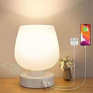 Kakanuo Bedside Table Lamp with Glass Shade, Touch Control, Dual USB A+C Charging Ports, Nightstand Lamp, 3-Way Dimmable, Bulb Included