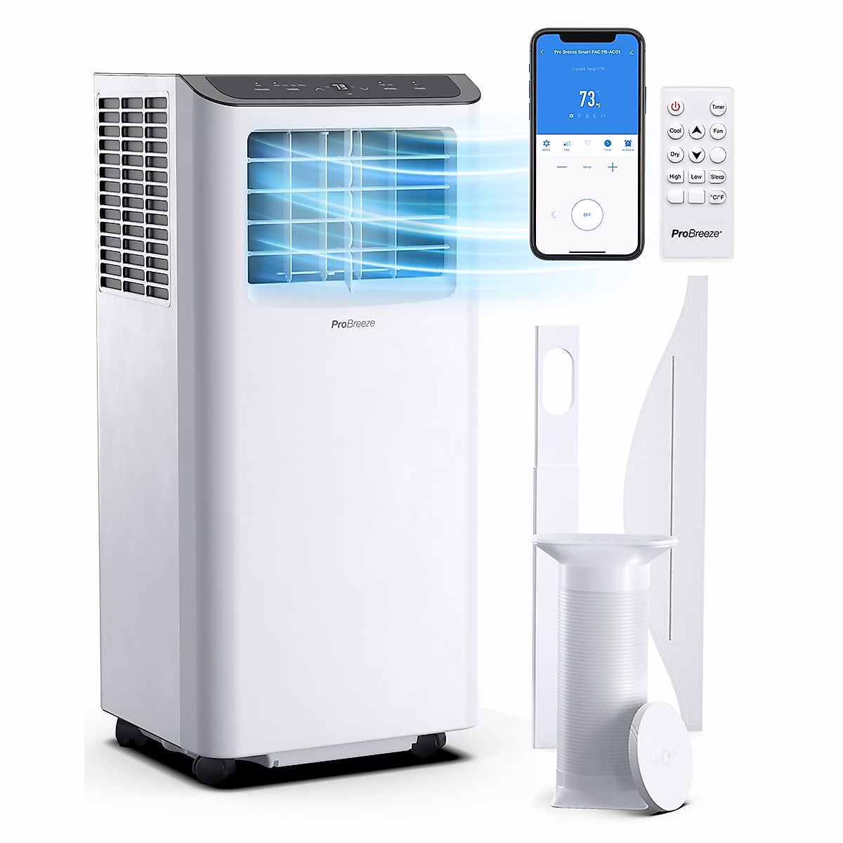 Pro Breeze Smart Air Conditioner Portable 10,000 BTU - 1130W Portable Air Conditioner with 4-in-1 Function, 300 Sq Ft Coverage, 24 Hour Timer & Window Venting Kit Included - AC Unit with Wifi & App