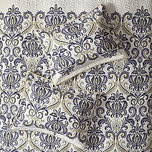 Madison Park Quilt Traditional Damask Design All Season, Lightweight Coverlet Bedspread Bedding Set, Matching Shams, Pillows, King/Cal King(104"x94"), Navy/White 6 Piece