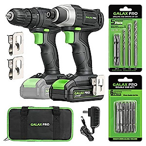 GALAX PRO Cordless Drill Driver/Impact Driver with 1pcs 1.3Ah Lithium-Ion Batteries, Charger Kit, 11pcs Accessories and Tool Bag