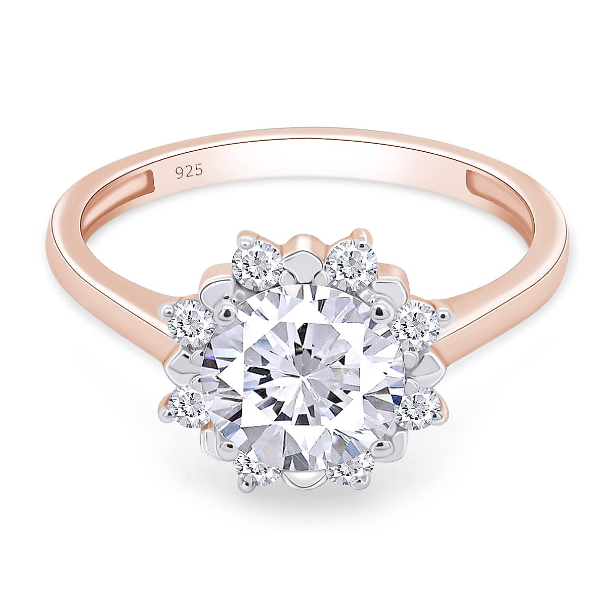 SAVEARTH DIAMONDS Round Cut Lab Created Moissanite Diamond Flower Solitaire Halo Engagement Ring In 14K Rose Gold Over Sterling Silver Jewelry For Women (1.40 Cttw) Ring Size -5.5
