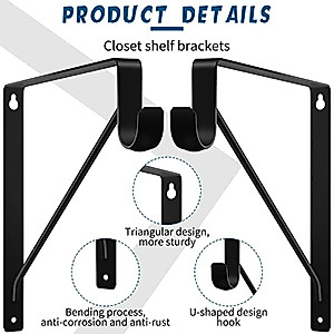 Nuogo 8 Pcs Heavy Duty Closet Rod Brackets Bulk Black Closet Shelf Bracket with Rod Support Rod Brackets Holder Shelf Rod Hangers Hooks with Screw for Home and Closet Decor, 11 x 11 Inches