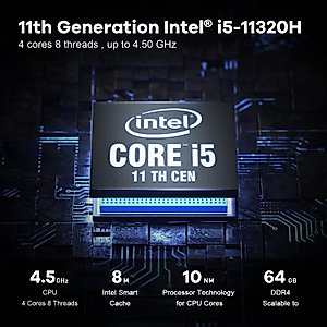 Beelink SEI11 Mini PC 11th Generation Intel i5-11320H Processor (up to 4.5GHZ),Mini Computer with 16GB DDR4 RAM 500GB M.2 2280 NVME SSD,/4K 60FPS/Dual HDMI/WiFi6/BT5.2,Auto Power On