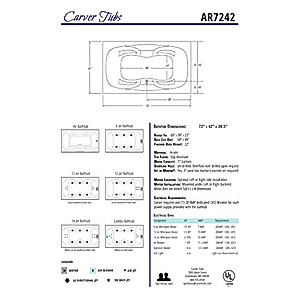 Carver Tubs - AR7242 - 6 Jet Whirlpool - 72"L x 42"W x 20.5"H - Drop In White Acrylic Bathtub (Left Hand Motor)
