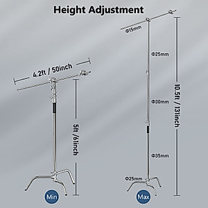 Photography C Stand with Boom Arm: 100% Stainless Steel - Takerers BS11 Heavy Duty Max Height 10.5ft/131inch Light Stands (2 Pack) with 4.2ft/50inch Holding Arm, 2 Grip Head, 2 Sandbag