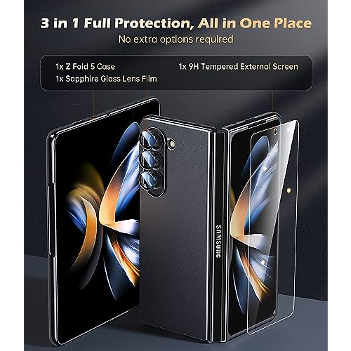 Waldeng 3-in-1 for Samsung Galaxy Z Fold 5 Case, [Omni-Directional Protection] [Metallic Glossy Bumper] Fascinating Touch Silm Fit Stylish Leather 5g Case for Galaxy Z Fold 5 Phantom Black