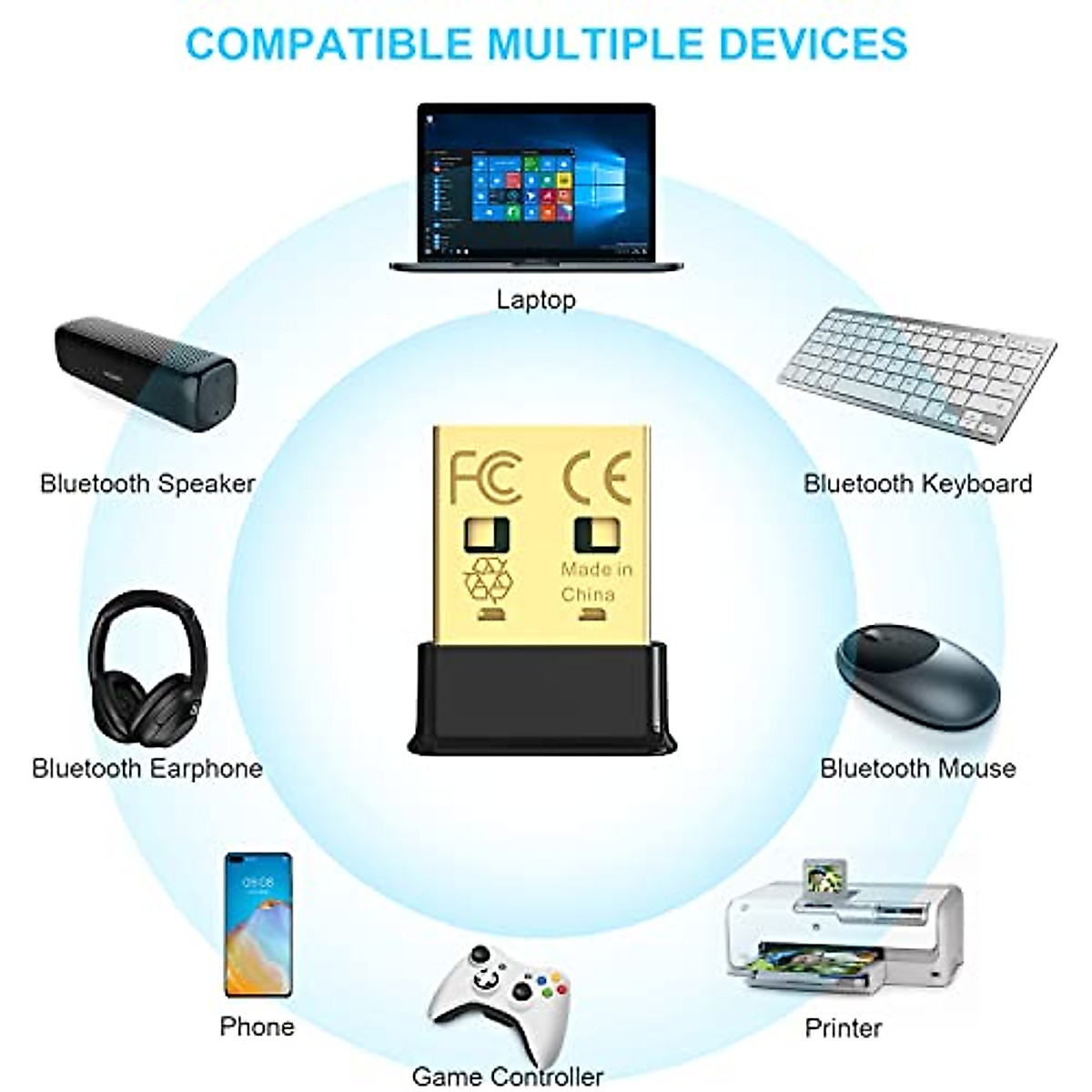 1Mii USB Bluetooth 5.0 Dongle Adapter for PC Laptop Desktop Stereo Headset, Keyboard, Mouse, Support All Windows 10 8.1 8 7 XP Vista
