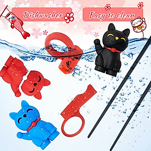 Nuanchu 4 Pairs Training Chopsticks for Kids Beginner Adult Cute Tableware Reusable with Attachable Learning Chopstick Helper, 4 Colors, Lucky Cat