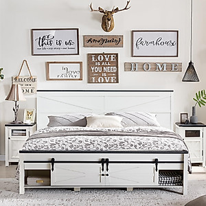 JXQTLINGMU Farmhouse Wood Bed Frame King Size with Sliding Barn Door Storage Cabinets and Headboard, Solid Wood Slats Support, Noiseless, No Box Spring Needed, Antique White