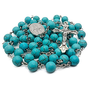 Nazareth Store Sky Blue Marble Stone Beads Rosary Turquoise Beaded Necklace Catholic Miraculous Medal & Jesus Cross