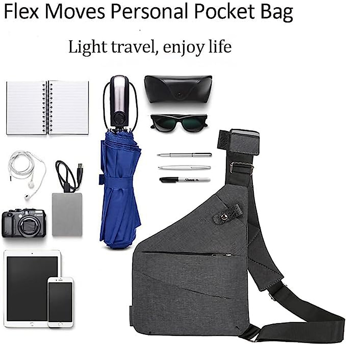 Personal Flex Bag,Anti-thief Slim Sling Bag Personal Pocket Bag,Multipurpose Crossbody Backpack for Outdoor Travel (Black Right Hand)