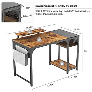 DESIGNA 55 Inch Home Office Computer Desk with Monitor Stand Storage Shelves, Study Writing Moder PC Computer Gaming Desk Large Workstation with 2 Hooks & Storage Bag, Reclaimed Wood/Black
