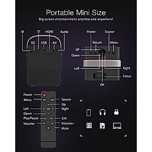 Mini LED Wifi Projector 5000 Lux Wireless Screen Mirroring 1080P Supported 170'' Display Portable Outdoor Movie Projector Compatible with Smartphone TV Box HDMI USB AV Theater Projector Beamer (Black)