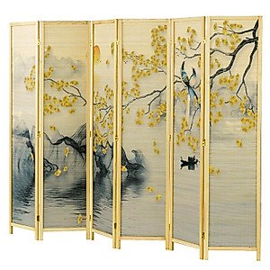 MyGift 6 Panel Large Bamboo Room Divider with Dual Sided Asian Birds Gingko Biloba Tree Sunset Design Print, Freestanding Artwork Privacy Partition Folding Screen with Beige Solid Wood Frame