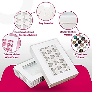 VTPT Ecom - 5PK Cupcake Box with Window for 24 Standard or Mini Cupcakes Corrugated Adjustable Height Bakery box ideal for Muffins Cake Cookies Donuts Pies Desserts and other Pastries + Thank You Stickers