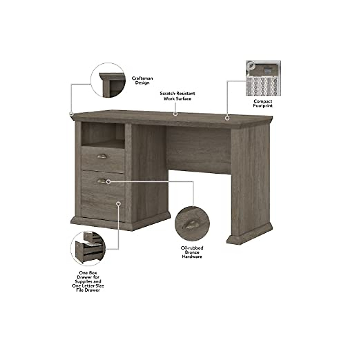 Bush Furniture Yorktown Home Office Desk with 5 Shelf Bookcase, 50W, Restored Gray