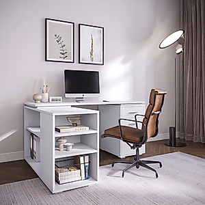 BELLEZE L Shaped Computer Desk, 60” Study Writing Table Home Office Desk Morden Corner Workstation Setup with Adjustable Storage Shelves and 3 Drawers, White