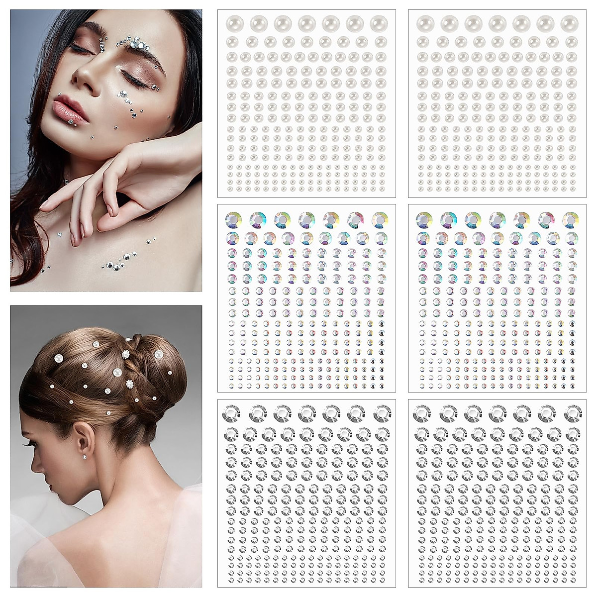 15 Sheets 3195 Pcs Self Adhesive Rhinestones Pearls, 6 Sizes Face Gems Jewels Pearl Stickers Stick On Hair Gems for Halloween Decoration Makeup Crafts