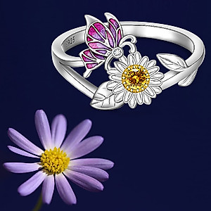 Fenthring Daisy Ring Butterfly Gifts for Women Flower Jewelry Sunflower Sterling Silver Engagement Dainty Cubic Zirconia Cute Rings Size 7