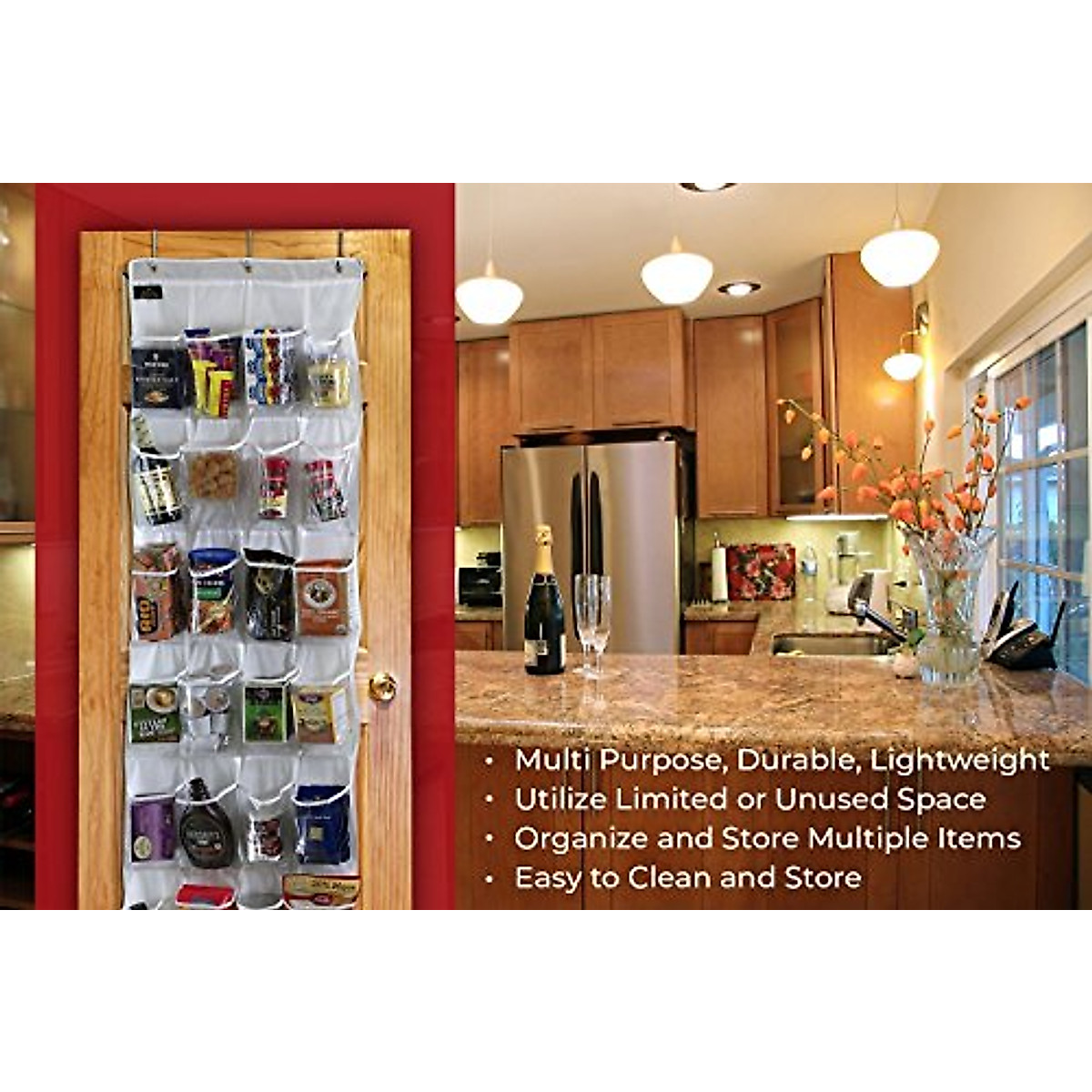 Regal Bazaar Over-The-Door Hanging White Pantry Organizer and Kitchen Storage Unit with 24 Crystal-Clear Vinyl Pockets and 3 Metal Hooks