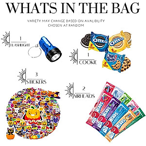DESERT SUN SNACKS Halloween Drawstring Bag Candy and Snack Gift Bag (50ct) Already Filled Treats for Kids and Adults. Ghost, Pumpkin, Black Cat, Frankenstein Snack and Candy, Variety, Mixed Bulk Care