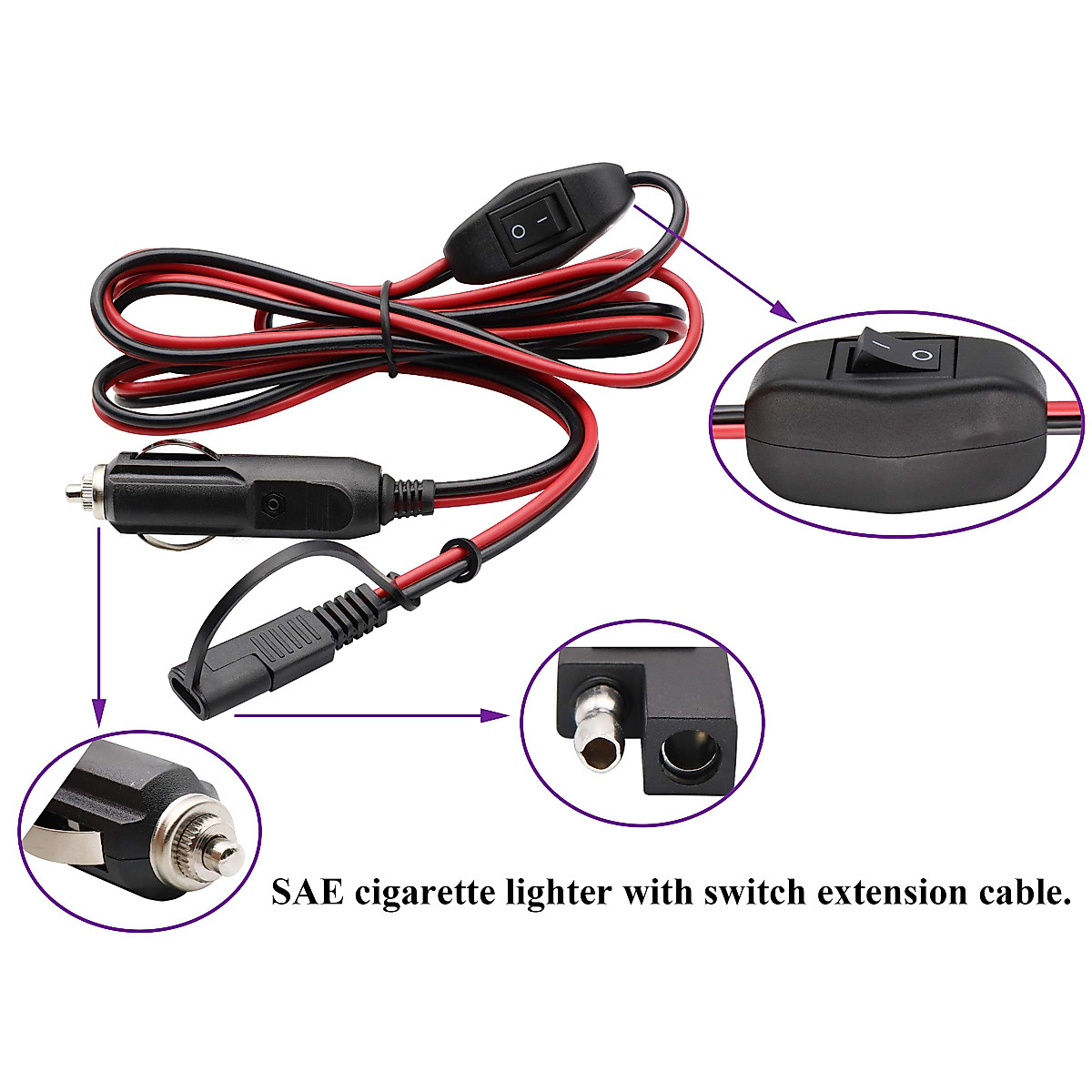 AAOTOKK Cigarette Lighter SAE Cable,16AWG 12V Cigarette Lighter Male Plug to SAE 2 Pin Quick Release Disconnect Connector Plug Adapter Extension Charging Cable with Fuse and Switch(2.4m/7.8ft-M)