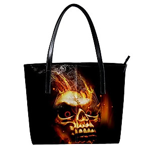 Women Tote Shoulder Bag, Fire Flame Skull Leather Work Handbag with Zipper for Teens College Students