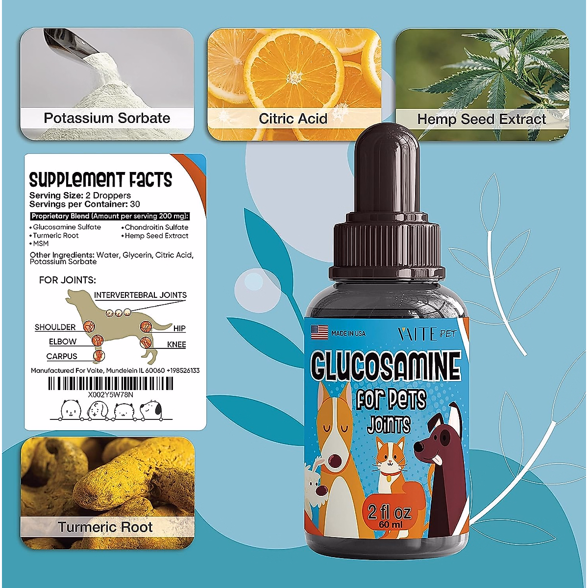 Hip & Joint Glucosamine Drops for Pets - Advanced Formula with Glucosamine, Chondroitin & MSM - Enhances Mobility Support - Natural Pain Relief for Dogs and Cats - Anxiety Supplement for Senior Pets