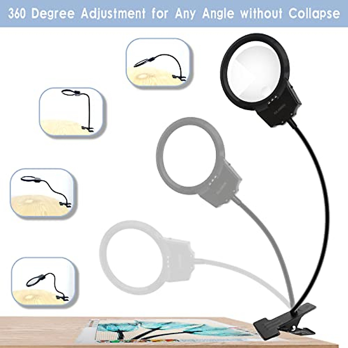 5D Diamond Painting Tools, LED Light with Magnifiers for Diamond Painting, 4X & 6X Magnifier LED Light with Clip and Flexible Neck, 5D Diamond Painting and Cross Stitch Tool Accessory Magnifier Lamp