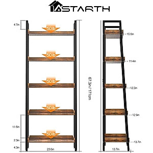ASTARTH Ladder Shelf-5 Tier Bookshelves w/Open Shelf for Storage, Industrial Bookshelf & Tall Ladder Shelf-Metal Frame for Bedroom, Living Room, Kitchen-67.3'' H, Easy Assembly, Rustic Brown
