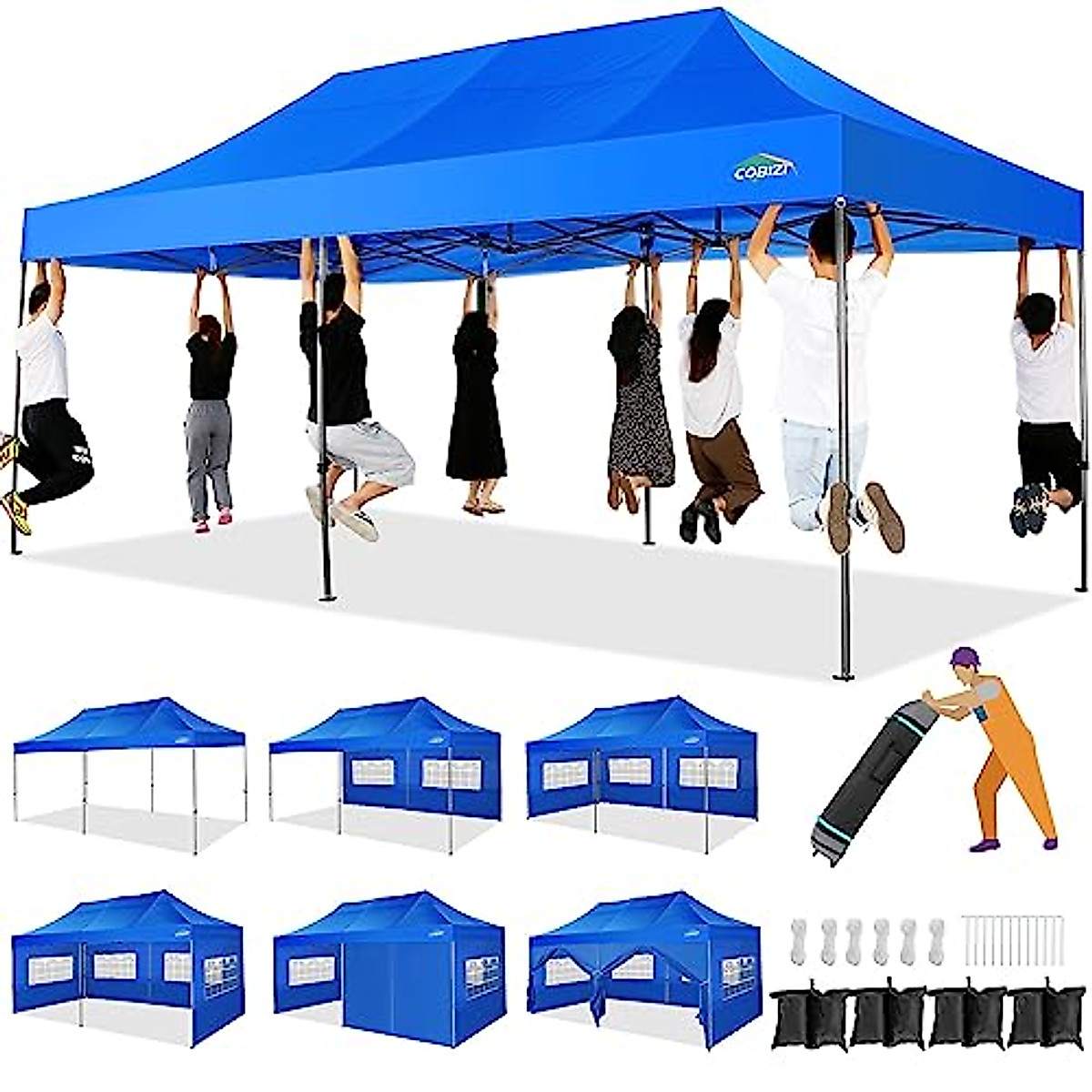 COBIZI 10x20 Heavy Duty Pop up Canopy Tent with 6 sidewalls Ez Up Commercial Outdoor Canopy Wedding Party Tents for Parties All Season Wind & Waterproof Gazebo with Roller Bag,Blue(Frame Thickened)