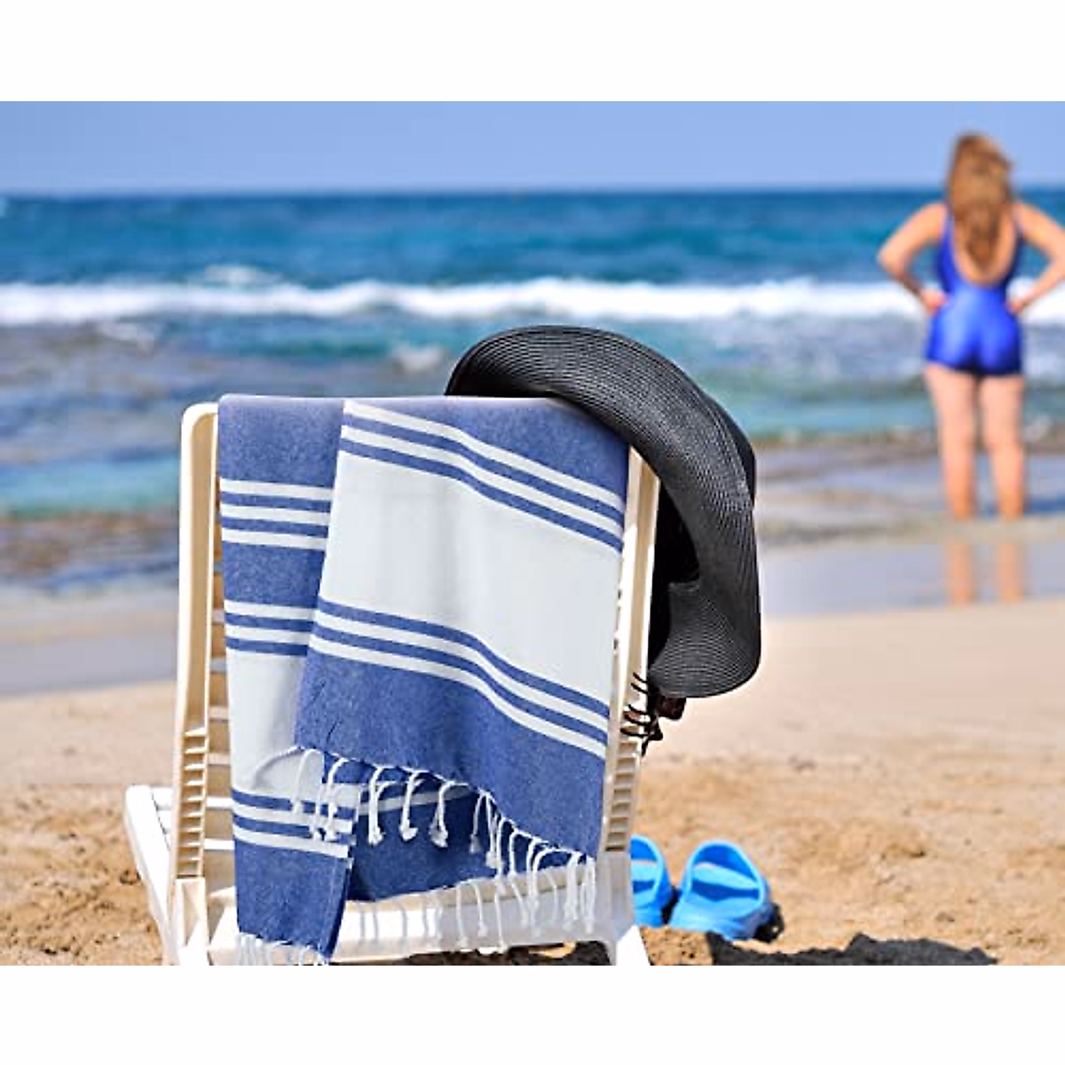 Goroly Home 2 Pack Cotton Beach Towel, Turkish Beach Towel, Gym Towels, Turkish Peshtemal Towels, Pestemal Towels, Thin Camping Bath, Pool Blanket, Fouta Towels 100% Cotton- 36x71 Inch - Royal Blue