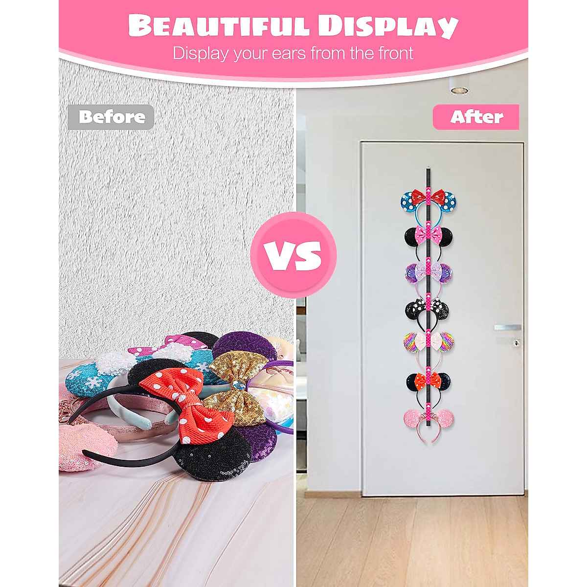 3 Pcs Mouse Ears Holder, Mouse Ear Headband Holder Organizer, Headband Storage Display Stand, Hanging Hair Accessory Rack for Girls Room Wall Decor