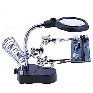Adjustable Helping Hands Soldering Station, 3.5X 12X Magnifying Glass LED Lighted Magnifier with Auxiliary Clips Alligator Clamp Repair Tools Kit for Craft Carving Soldering, Assembly (Modern)