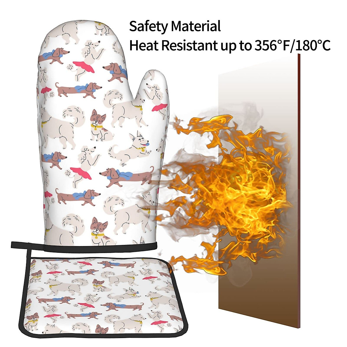 Cute Dog Puppy Oven Mitts and Pot Holders Sets Resistant Hot Pads Potholders Non-Slip Cotton Lining Oven Gloves for Four Seasons Kitchen Baking Cooking Grilling