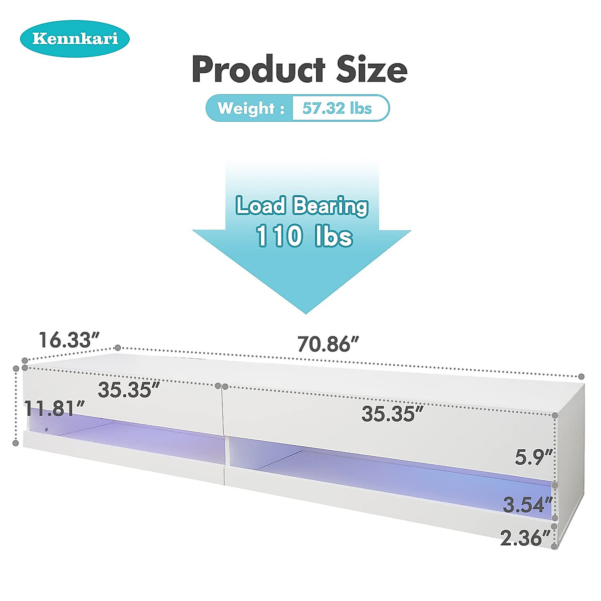 Kennkari Wall Mounted TV Stand with LED Lights - Floating Entertainment Center for 50-75 Inch TV