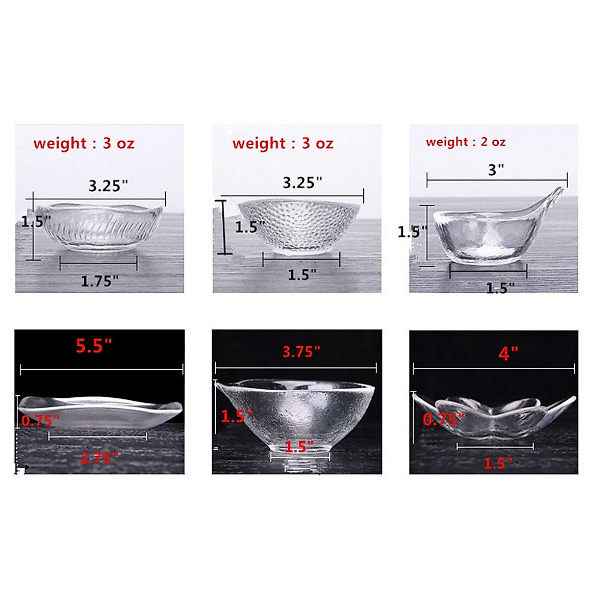 Leoyoubei 3 Ounce3.25x1.5 inch Heat Resistant Glass Bowl for Ice Cream Dessert,Soy Sauce Dishes,Appetizer Spoons Stackable,Mini Side Dishes Ramekins Transparent 4 Packs (Lace Bowls)