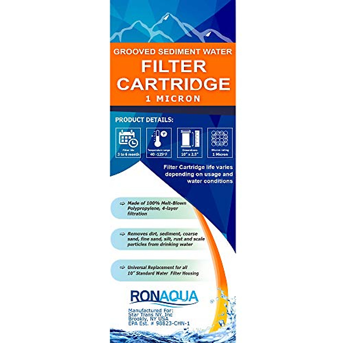 6 Grooved 1 Micron Sediment Water Filter Cartridges 10"x 2.5", Four Layers of Filtration, Removes Sand, Dirt, Silt, Rust, made from Polypropylene WELL-MATCHED with P5, AP110, WFPFC5002, CFS110, RS14