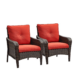 Rilyson Outdoor Patio Wicker Dining Chairs Set of 2, Rattan Single Sofa Chair 2 Piece, Porch Lawn Armchair Wicker Dining Chair with Deep Seating and Cushion (Brown/Red)