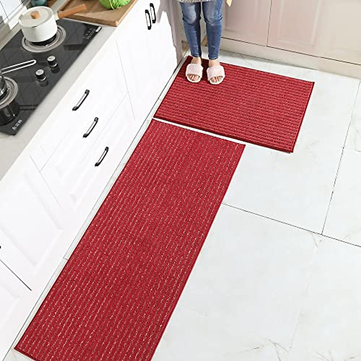 BEQHAUSE Red Kitchen Rugs Set of 2 Non-Slip Kitchen Runner Rug Washable Kitchen Mats for Floor Absorbent Soft Kitchen Area Rug for Sink,Laundry,Hallway&Kitchen 24”x35”+24”x60”
