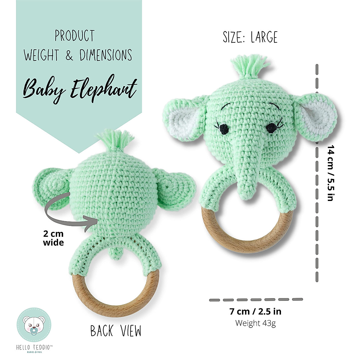 Hello Teddio Baby Rattle Teething Toy, Smooth Wooden Easy Grip Ring, Gender Neutral Baby Gifts