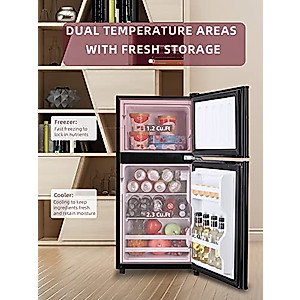 KRIB BLING Compact Refrigerators with Freezer on Top, Mini Fridge with 7- Level Adjustable Thermostat, Small Refrigerator for Apartment, Office, Camping, Wood