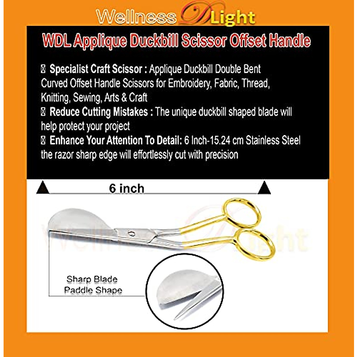 WellnessD'Light 6 Inch Stainless Steel Applique Duckbill Scissors Blade with Offset Handle & 6 Inch Machine Embroidery Double Curved Scissors Bundle Rainbow Color & Gold Handle by WDL