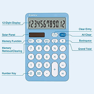 Comix Desktop Calculator with Large LCD Display and Big Button, 12 Digits Baisc Calculator, Standard Calculator, Solar Battery Dual Powered, for Office Home School & Business Use (Blue)