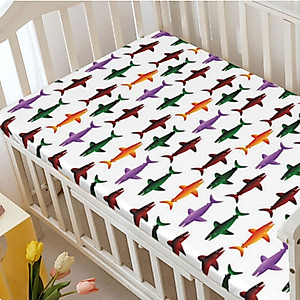Shark Party Themed Fitted Crib Sheet,Standard Crib Mattress Fitted Sheet Toddler Bed Mattress Sheets-Baby Crib Sheets for Girl or Boy,28“ x52“,Multicolor