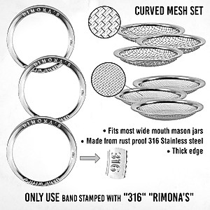 RIMONA'S 316 Sprouting Lids for Wide Mouth Mason Jars with Stainless Steel Curved Mesh Strainers - 9 pack (3 lid rings, 3 strainers of 1mm size, 3 strainers of 2.5mm size)