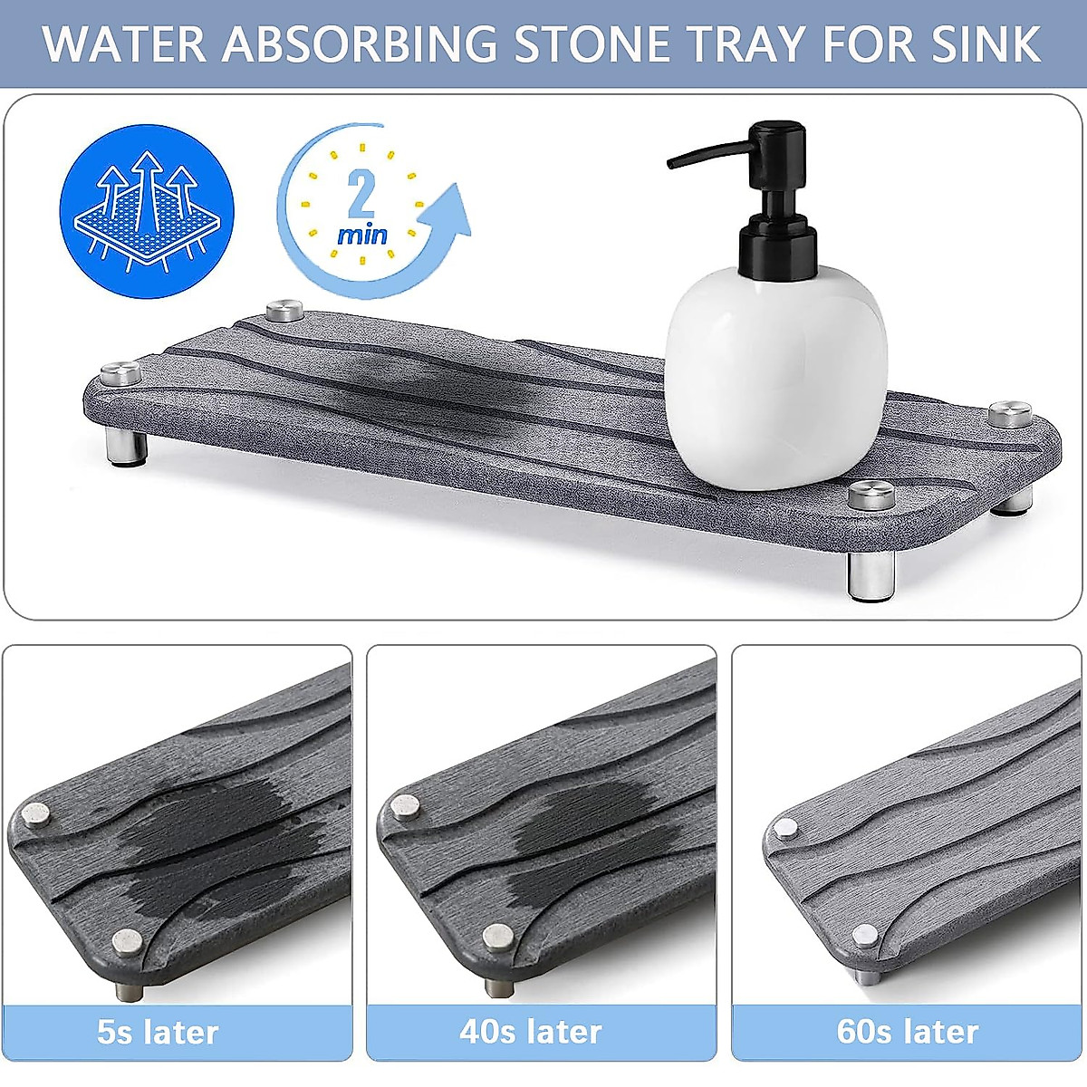 OceanTeda Fast Drying Stone Sink Caddy, Dark Grey, Square, Diatomite, 11 x 4 x 1 in